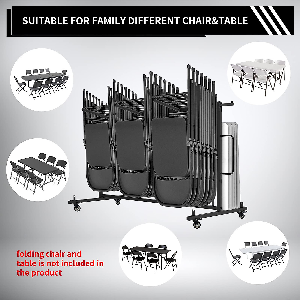 Folding Table and Chair Cart, Folding Chair and Table Storage Rack with 400LBS Capacity for 42 Folding Chairs Heavy Metal Folding Chair Dolly Holder Rack with Rubber Locking Wheels,Straps and Cover