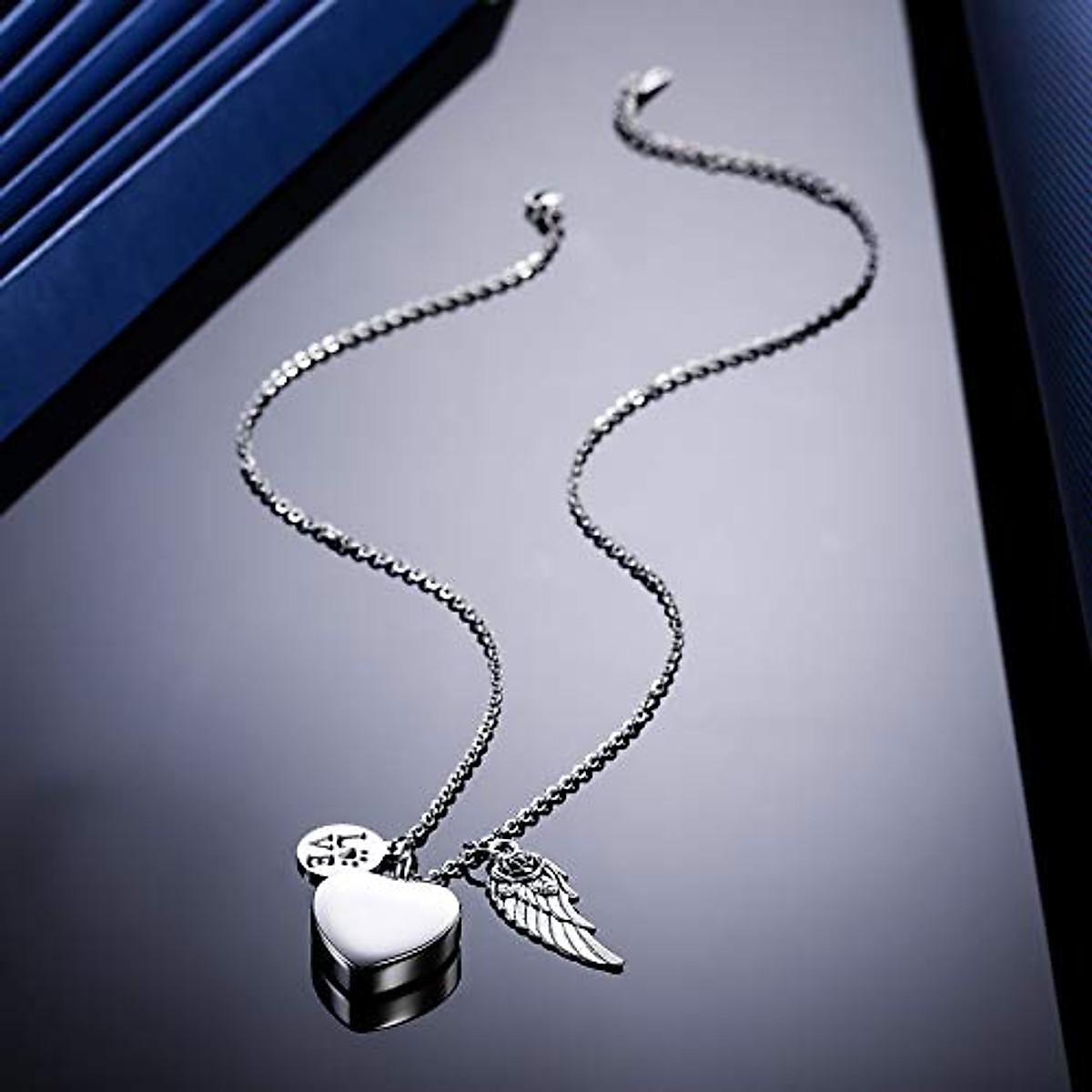 MeMeDIY Personalized Heart Paw Print Ashes Urn Pendant Necklace Custom Name/Photo/Date for Women Men Stainless Steel Memorial Dog Cat Pet Keepsake with Keyring Funnel Fill Kit Angel Wing