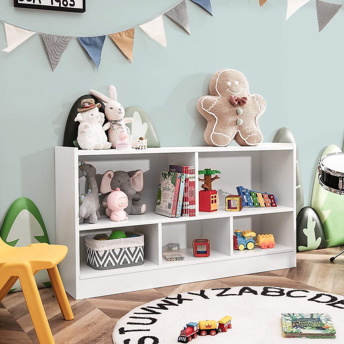 SILKYDRY 5 Cube Storage Organizer, 2-Tier Horizontal Bookshelf, Wooden Display Book Shelves for Home Office Classroom, Low Bookcase Under Window (White, 44” x 12” x 24”)