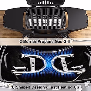 Portable Propane Gas Grill, 2-Burner Portable Gas Grill Small Tabletop Gas Grill, 24000BTU BBQ Outdoor Griddle Gas Grill with Removable Side Tables, Thermometer, Regulator, Gas Hose, Red