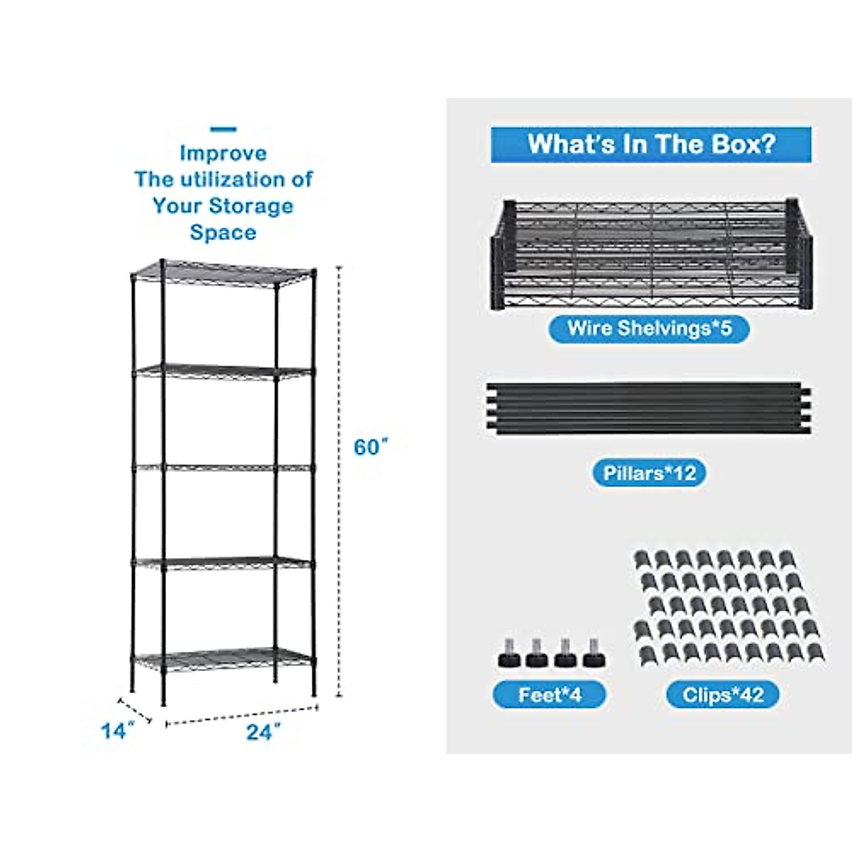 Storage Shelves, 5 Tier Commercial NSF Certified Metal Shelving, Heavy Duty Wire Shelving Unit for Kitchen Restaurant Bathroom Office Pantry, 14"Lx24"Wx60"H Metal Shelves For Storage Utility Shelf