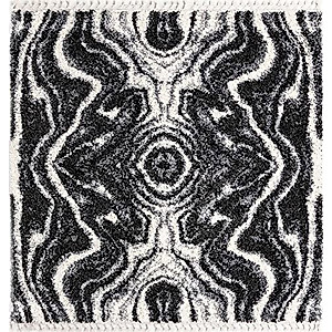 Unique Loom Hygge Shag Collection Area Rug - Valley (7' 10" Square, Black and White/Gray)