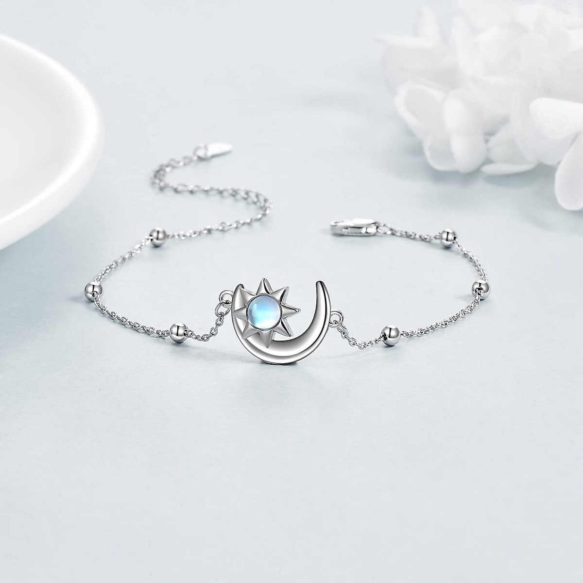 KQF Moon Star Bracelet for Women Sterling Silver Moonstone Crescent Moon Link Chain Bracelet Jewelry for Teen Girls Girlfriend
