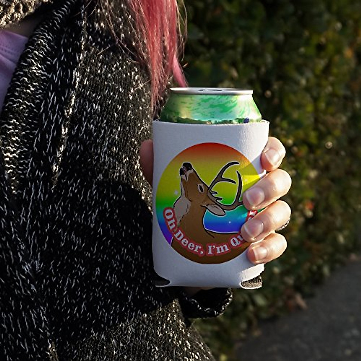 Oh Deer I'm Queer Rainbow Pride Gay Lesbian Funny Can Cooler - Drink Sleeve Hugger Collapsible Insulator - Beverage Insulated Holder