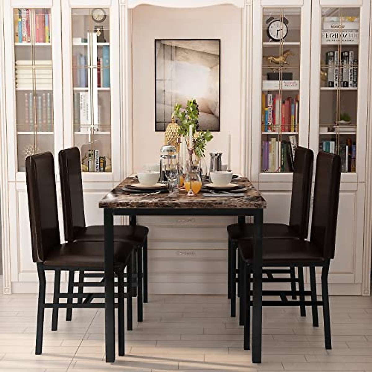 Lamerge 5 Piece Dining Table Set for 4,Faux Marble Kitchen Table and Chairs for 4, Dining Room Table Set with PU Leather Chairs,Small Dining Set for Small Spaces,Living Room, Brown