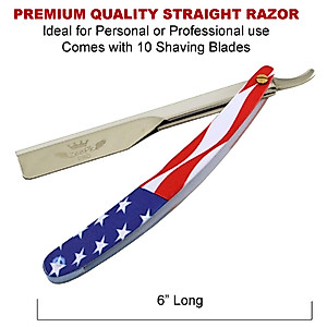 Straight Edge Razor - Barber Salon Quality (American Flag) Men's Beard Cut Throat Razor + 10 Shaving Blades By Zeepk