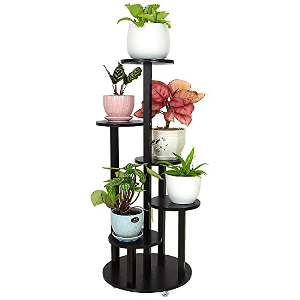 Bamboo Plant Stand for Indoor Outdoor 5 Tier Tall Corner Plant Stand Round Display Rack Multiple Flower Pots Holder Shelf for Patio Garden, Living Room, Balcony and Bedroom (Black)