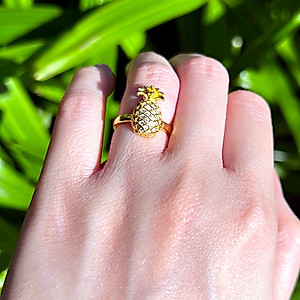 Aloha Jewelry Company 18K Gold Plated Sterling Silver Hawaiian Pineapple Plant Ring Stackable Wedding Band with Cubic Zirconia, Yellow-Gold (11)