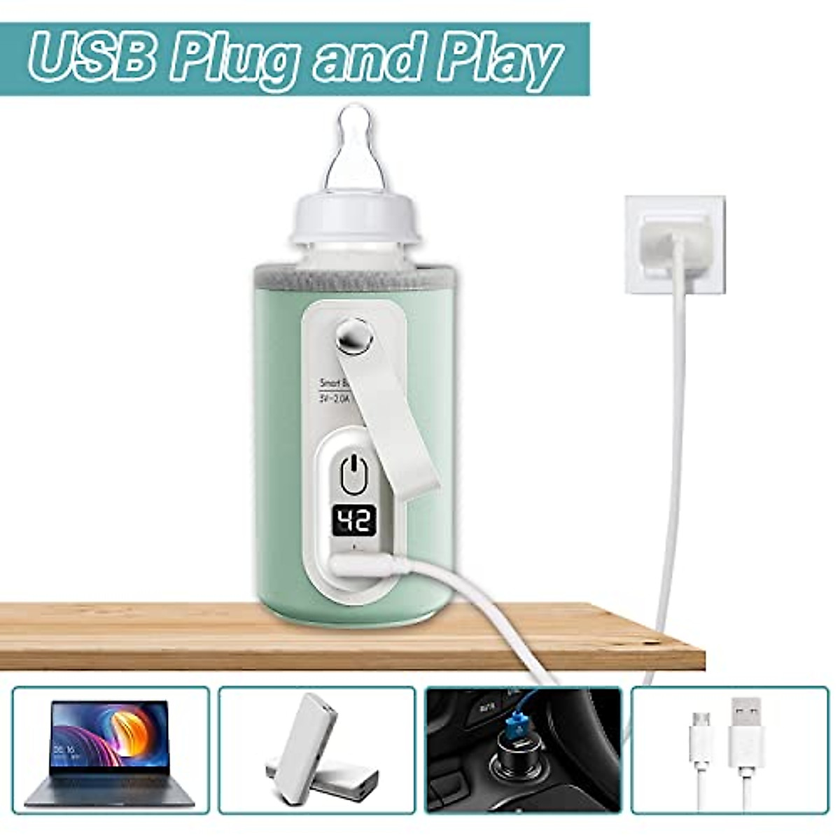 SOPEWOD Portable Bottle Warmer, USB Bottle Warmer for Breastmilk and Formula with LCD Display, Fast and Accurate Heating of Baby Bottle Warmer for Car and Travel(Green)