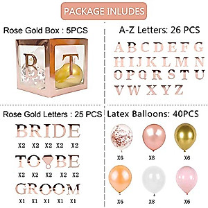 96 PC Bridal Shower Decorations Balloon Boxes Rose Gold - Transparent Block with BRIDE TO BE + GROOM + A - Z Letters and 40 Balloons- Engagement Bachelorette Parties Weddings Centerpieces Photo Booth