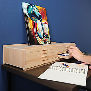 CraftyBook Artist Storage Drawers 2 Pack - 5 Drawer Art Supplies Chest Artist Organizer - Beech Wood Sketch Drawing Supply Storage Box with Removeable Dividers for Pencils, Pens, Paints, and Pastels