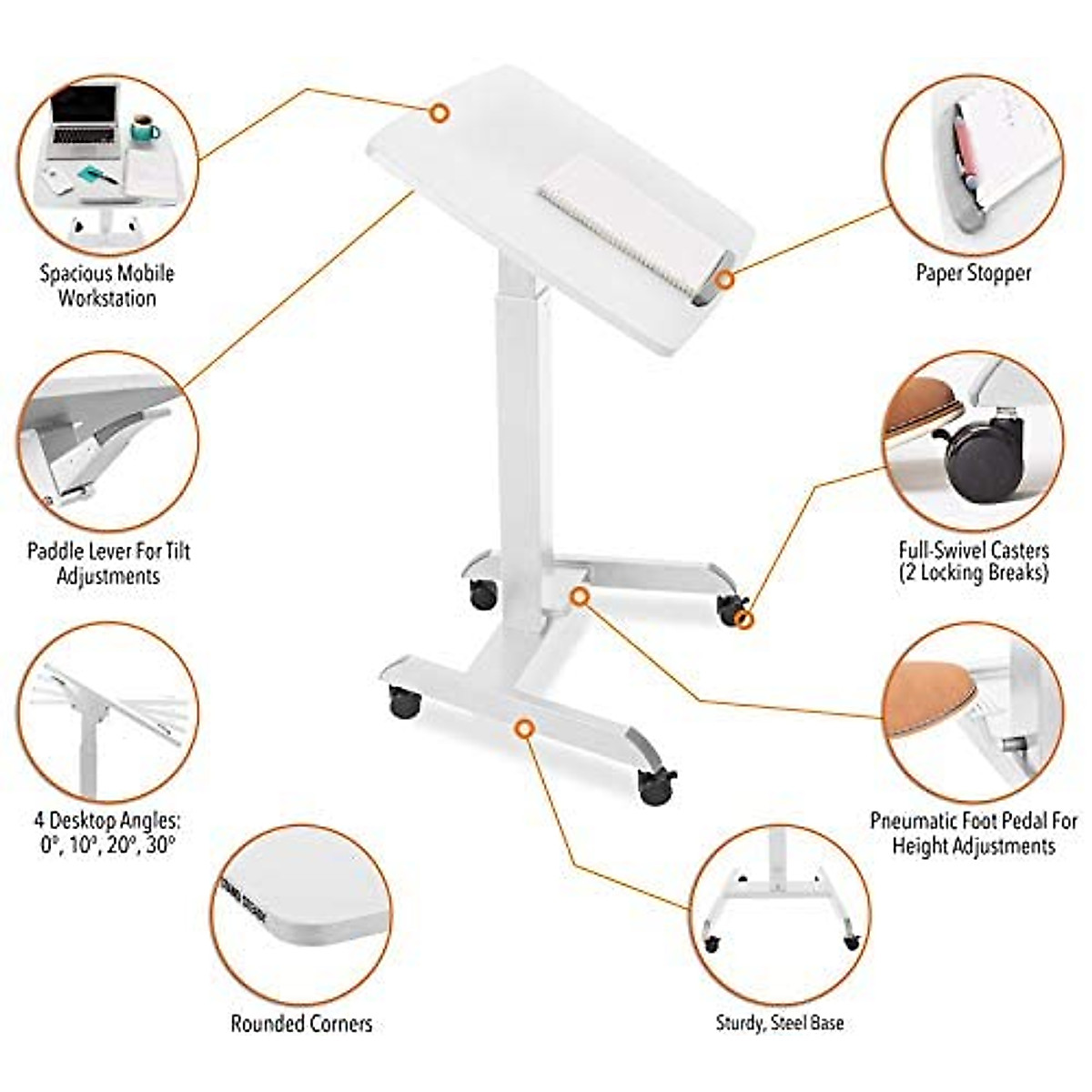 Stand Steady Multifunctional Mobile Podium Desk | Portable Sit to Stand Lectern with Pneumatic Height Adjustment & Tilting Desktop | Rolling Laptop Stand | Mobile Desk for School, Home, Office (White)