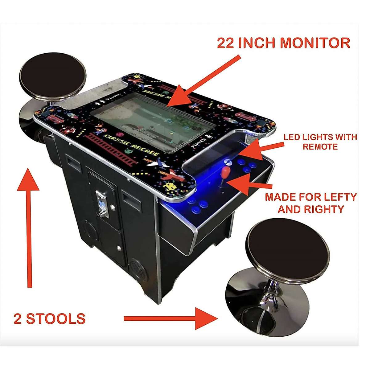 Top Us Video Arcades Full Size Commercial Grade Cocktail Arcade Machine 2 Player Retro 60 Games 22" LCD Screen Tempered Glass 2 Stools Included 5 Year Warranty Black