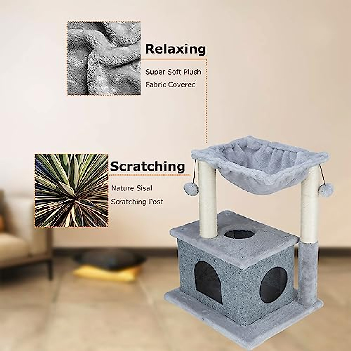 Dimaka Small Cat Tree with Hammock 24" Cat Tower and Condo with Sisal Scratching Posts and 2 Dangling Balls