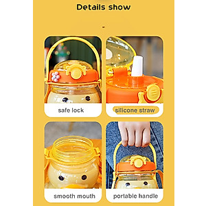 Large Cute Duck Water Bottle with Straw and Strap 34oz Kawaii Duck Water Bottle with 3D Stickers for Kids Toddler Girls School Sports Travel Leakproof Portable Handle Hot and Cold Bottles (Yellow)