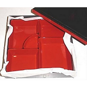 JapanBargain 1923, Red and Black Japanese Traditional Plastic Lacquered Lunch Bento Box 5 Compartments for Restaurant or Home Tray Plate and Lid 3pc Set Made in Japan, 9.5"x9.5"
