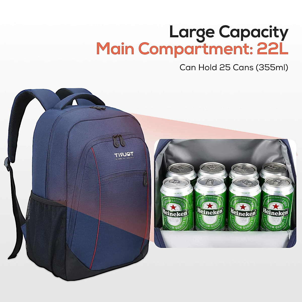 TOURIT Insulated Cooler Backpack Lightweight Backpack Cooler Bag Leak-Proof Backpack with Cooler for Men Women to Work, Picnics, Hiking, Camping, Beach, Park Day Trips, 25 Cans