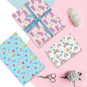 Mpanwen Birthday Wrapping Paper for Girls Kids, 12 Sheets Cake Rainbow Gift Design Wrap Paper for Girls Birthday - 20 x 29.5 Inches Per Sheet