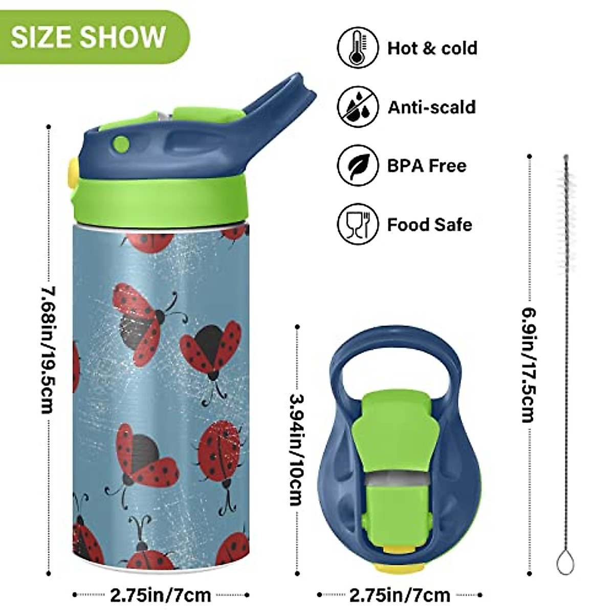 ALAZA Blue Ladybug Kids Water Bottles with Lids Straw Insulated Stainless Steel Water Bottles Double Walled Leakproof Tumbler Travel Cup for Girls Boys Toddlers 12 oz,Green