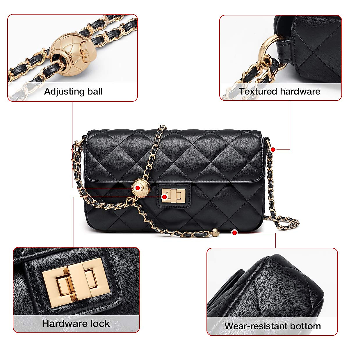Small Leather Crossbody Bag for Women Split Cowhide Lady Quilted Shoulder Purse and Handbag Girl Classy High End Look Bag (Black)