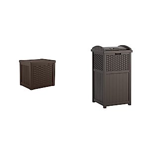 Suncast Resin Storage Seat (22 Gallon) and Trash Can (33 Gallon) Bundle for Backyard, Deck, Patio