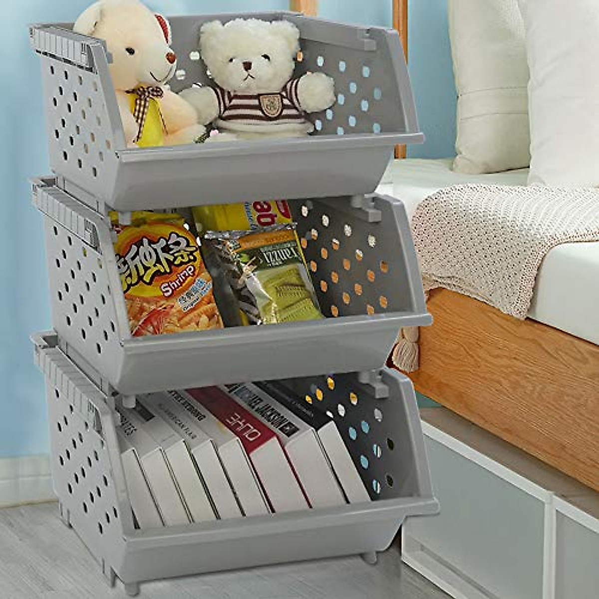 Callyne Gray Plastic Stacking Organizer Basket, Stackable Storage Basket, Set of 3