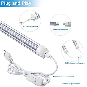 SHOPLED 8FT LED Shop Light Fixture, 90W 11700LM 6000K Cool White, D Shape, High Output, Clear Cover, T8 Linkable 8 Foot LED Tube Light for Garage with Plug, Warehouse, Workshop, 4 Pack