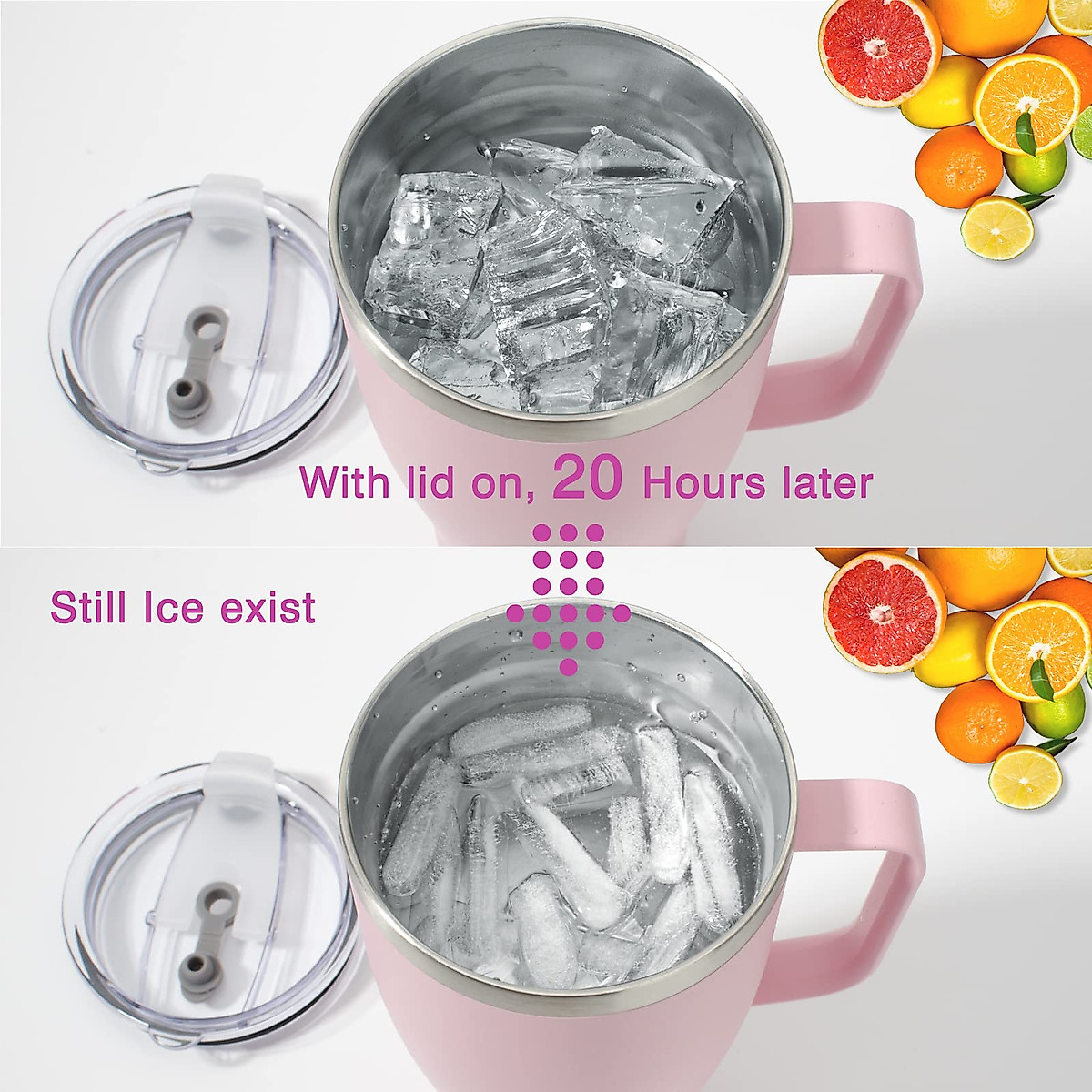 Zukro 32 oz Tumbler with Handle and Straw, No Sweat Double Wall Insulated Stainless Steel Cup with 2 Lids, Leakproof Travel Mug, Keep Drinks Cold 24 Hrs, Dishwasher Safe, Fit in Cup Holder, Pink