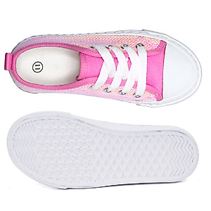 Toandon Girls Kids Sneakers Glitter Sequins Canvas Shoes Toddler Child Glitter Sparkle Low Top Lace Up Non Slip Lightweight Walking Outdoor Pink Size 2