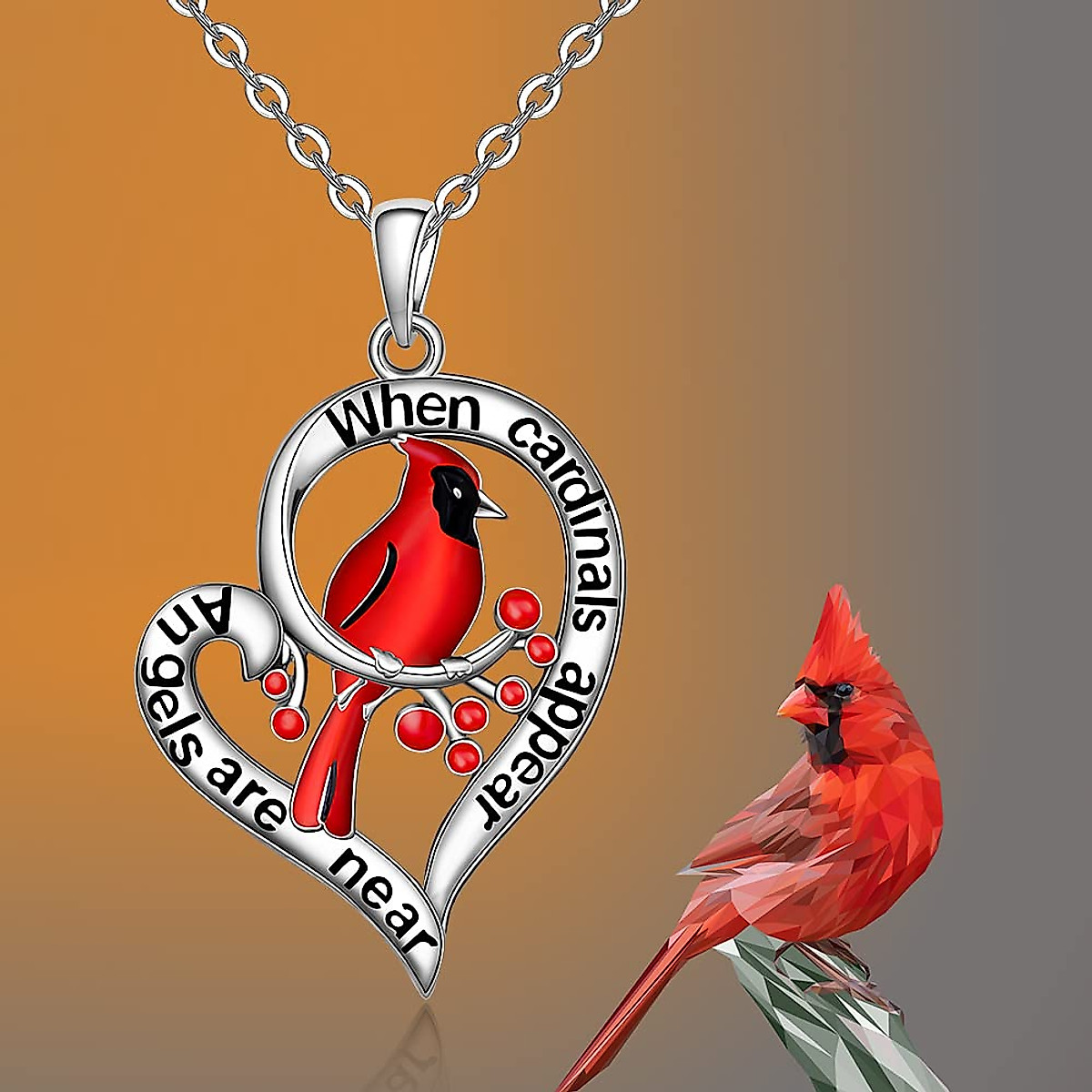 Cardinal Necklace Heart Red Bird Spiritual Memorial Engraved When Cardinal Appear Angels are Near Dainty Inspirational 925 Sterling Silver Animal Necklaces for Loss of Loved Heart