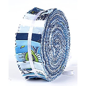 Soimoi 40Pcs Block Print Precut Fabrics Strips Roll Up 1.5x42inches Cotton Jelly Rolls for Quilting - Blue