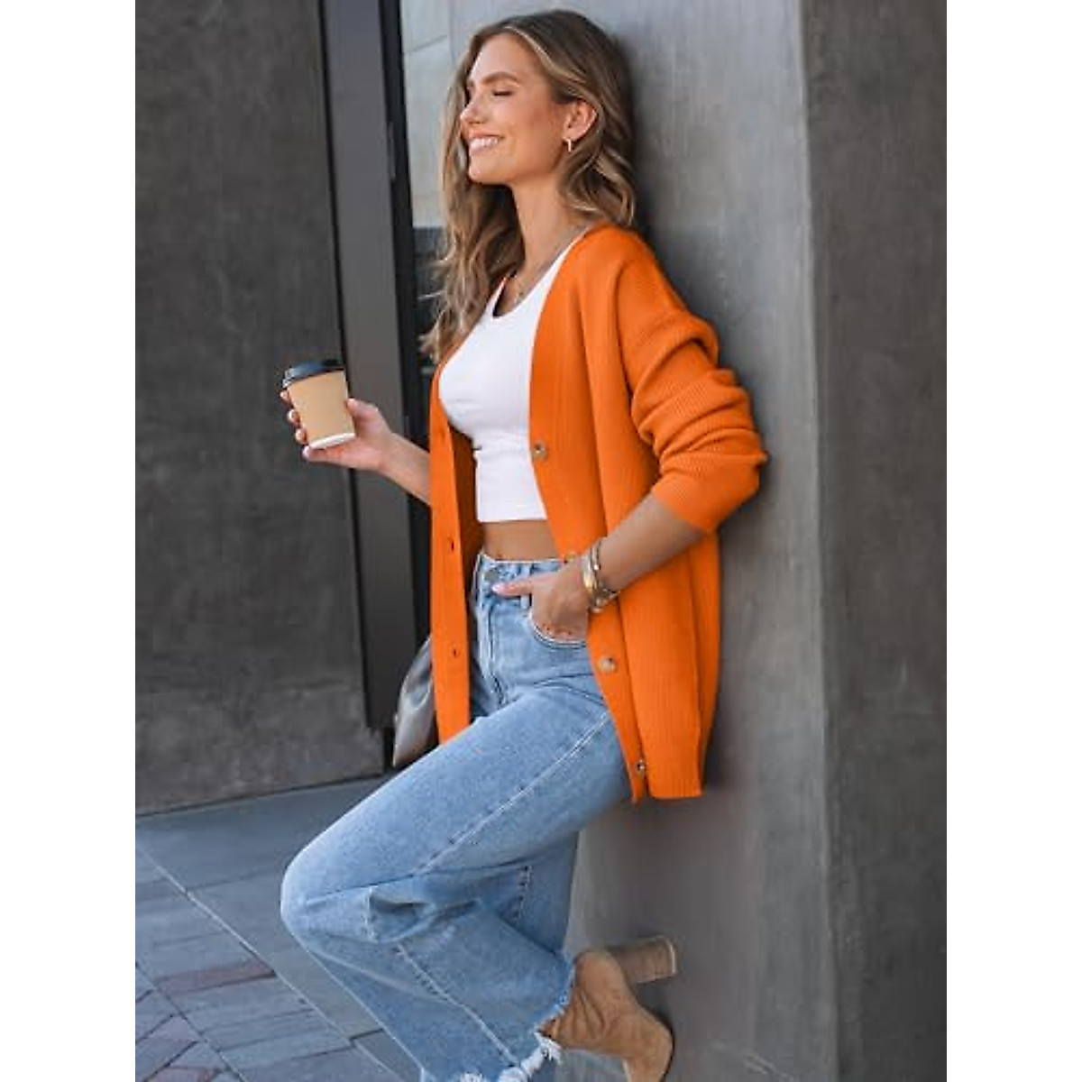 LILLUSORY Women Oversized Cardigan Sweater Fall Outfits Cloth Fashion V Neck Knit Button Front Casual Trendy Tops Orange Medium