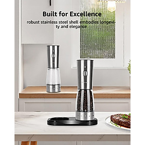 Electric Salt and Pepper Grinder Set, Large Capacity 5.3oz Salt and Pepper Grinder Set with Adjustable Coarseness, Rechargeable Stainless Steel Electric Pepper Grinder with Elegant Storage Base
