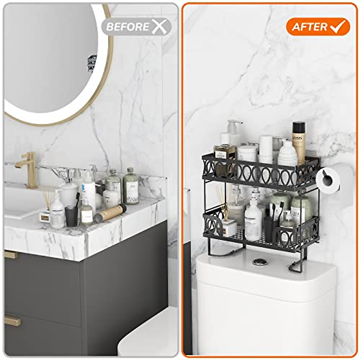 CAEKAIGTA Over The Toilet Storage Shelf, Bathroom Over Toilet Storage Shelf, 2 Tier Above Toilet Storage with Toilet Paper Holder, No Drilling with Wall Mounting Design, Space Saver (Black)