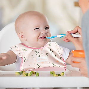 GAJIGAJI Waterproof Baby Bib with Silicone Food Catcher Pocket, Adjustable Feeding Bib Fit for 6-24 Month Toddlers (Leaves Green)