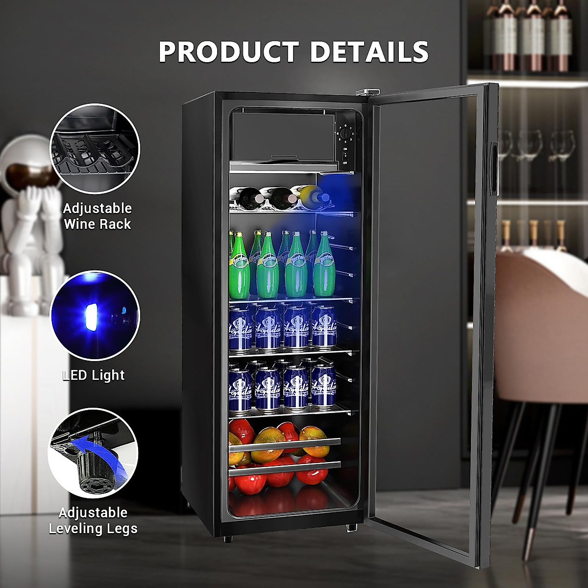 Kazigak FLB-120 Refrigerator, 4.23 Cu.Ft Beverage, Drink Fridge with Glass Door, Black