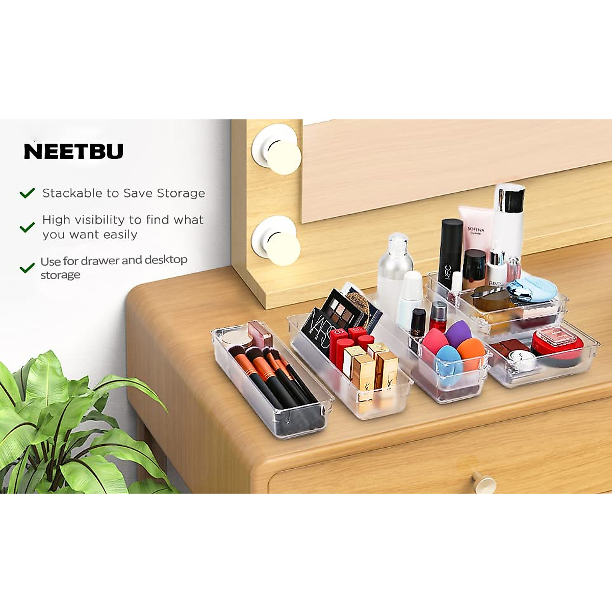 NEETBU 8 Pack Clear Plastic Drawer Organizer Kitchen Bathroom Storage Box Tray For Makeup Flatware Utensils Silverware Office Supplies(9.6”x3.2”x1.9”)