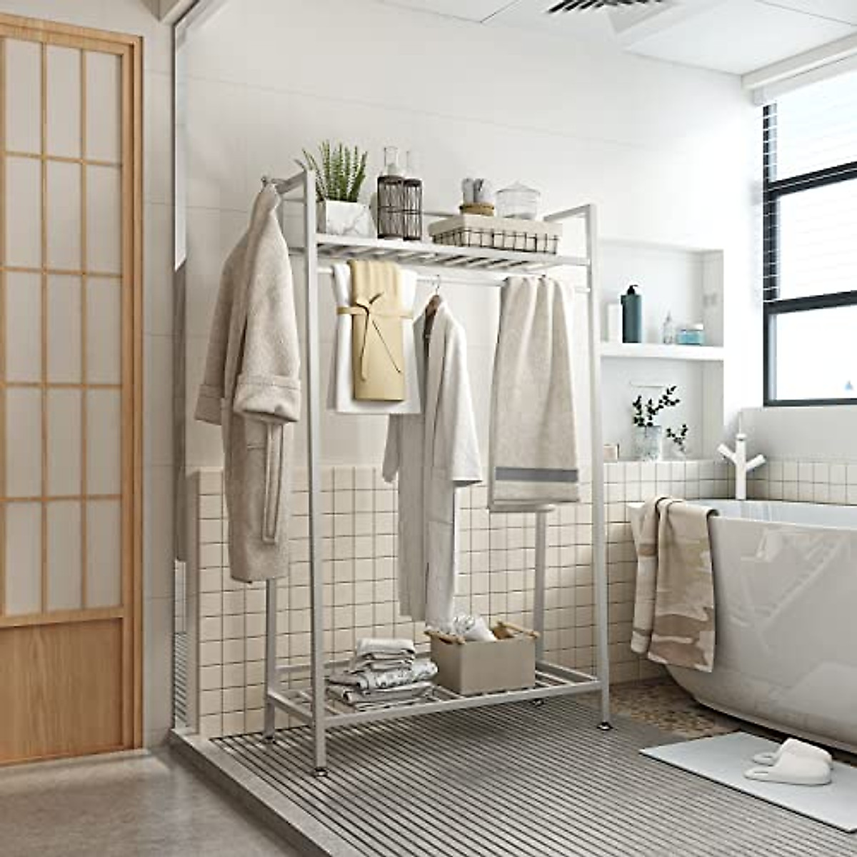 Metal Clothing Rack Modern Clothes Rack with 2- tier Shelf Clothes Display Racks for Bedroom, Boutique, Cloth Store Metal Pipe Hanging Rack-white