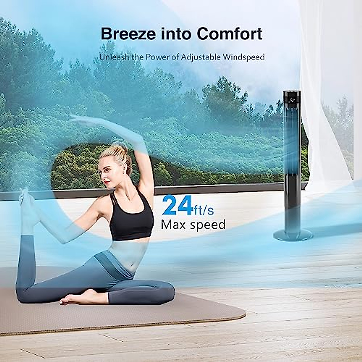 R.W.FLAME Tower Fan, Oscillation fan with Remote Control, Standing fan for office, 3 Wind Modes,Time Settings, Portable Bladeless Floor Fans for Home with Children/Pets/Elders(43", Black)