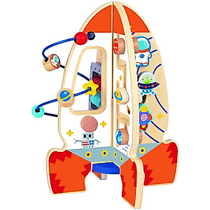 D DAKIN Rocket Toddler Wooden Activity Center Activity Cube Stand for 1 Year Old Boy Toys, Sensory and Educational Great First Birthday Gifts for Boys