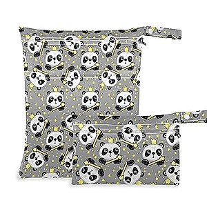 SDMKA 2Pcs Wet Dry Bag for Baby Cloth Diapers Cute Panda Reusable Waterproof Wet Bag with Two Zippered Pockets for Travel Beach Pool