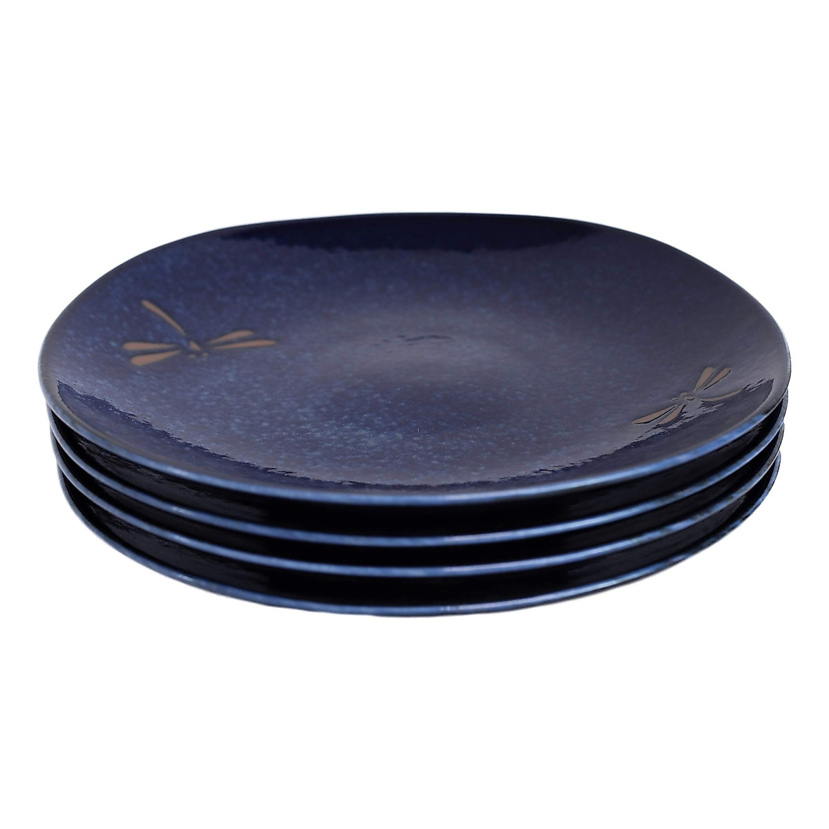Ebros Made in Japan Pack Of 4 Midnight Blue Tombo Dragonfly Ceramic Porcelain Dinner Plates Dishes For Salads Pasta Noodles Stir Fry Main Course Entrée Dining Dinnerware Serving Platters