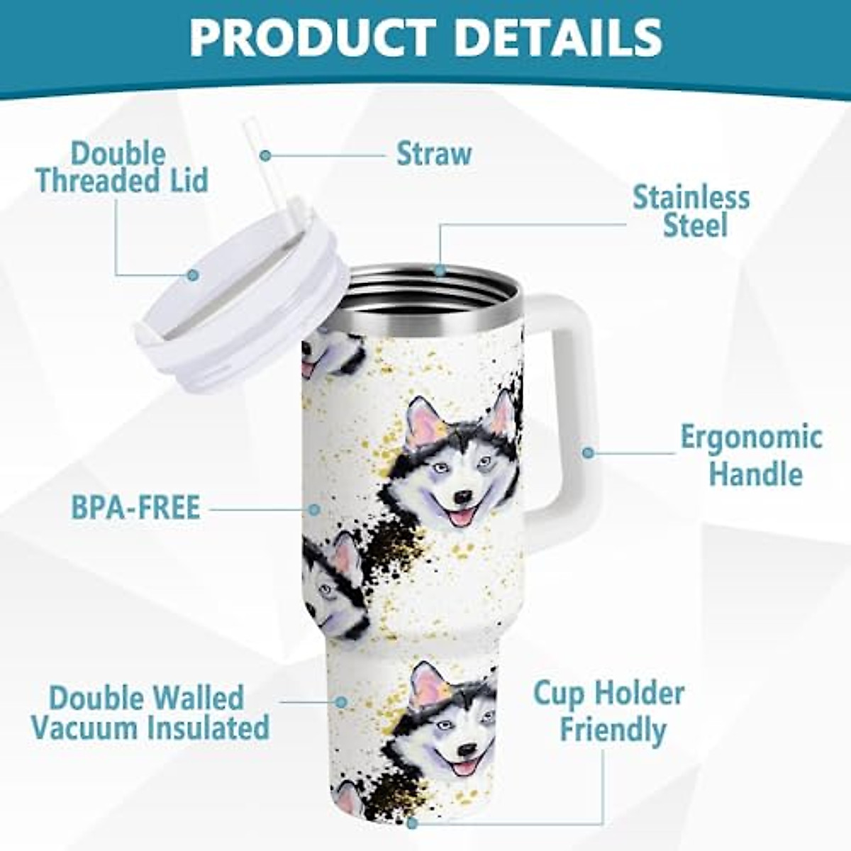 RPLIFE Watercolor Kawaii Husky Dog Tumbler with Handle, Stainless Steel Coffee Mug, Tumbler with Straw