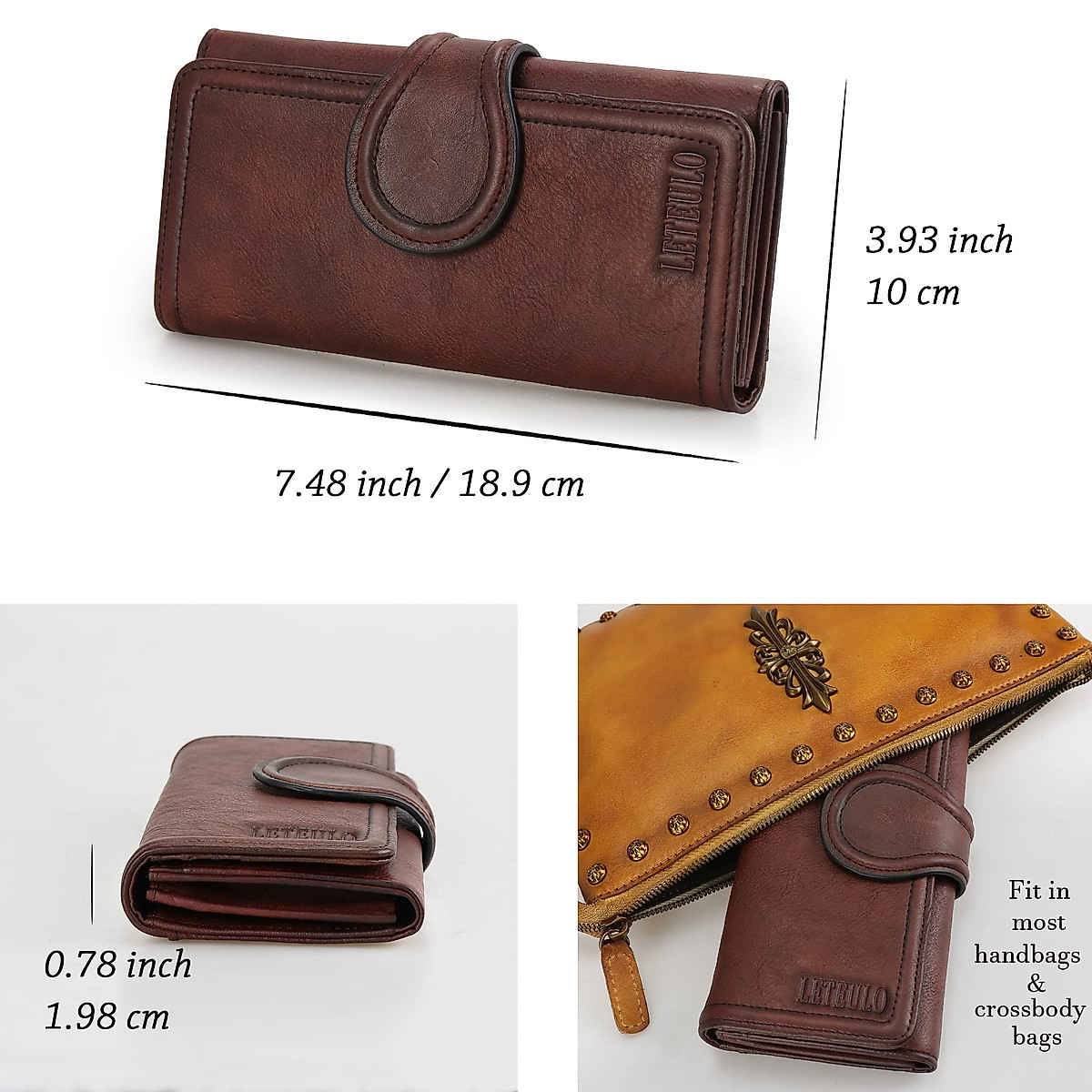 LETEULO Womens Wallet Leather Card Holder Designer Clutch Wallet Purse with Zipper Pocket (Coffee)