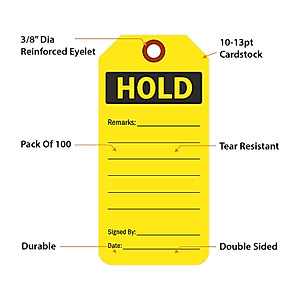 SmartSign Pack of 100 Hold Tags in Dispenser Box | 3" x 6.25" Fluorescent Cardstock, Tear Resistant Fiber Patch, Yellow