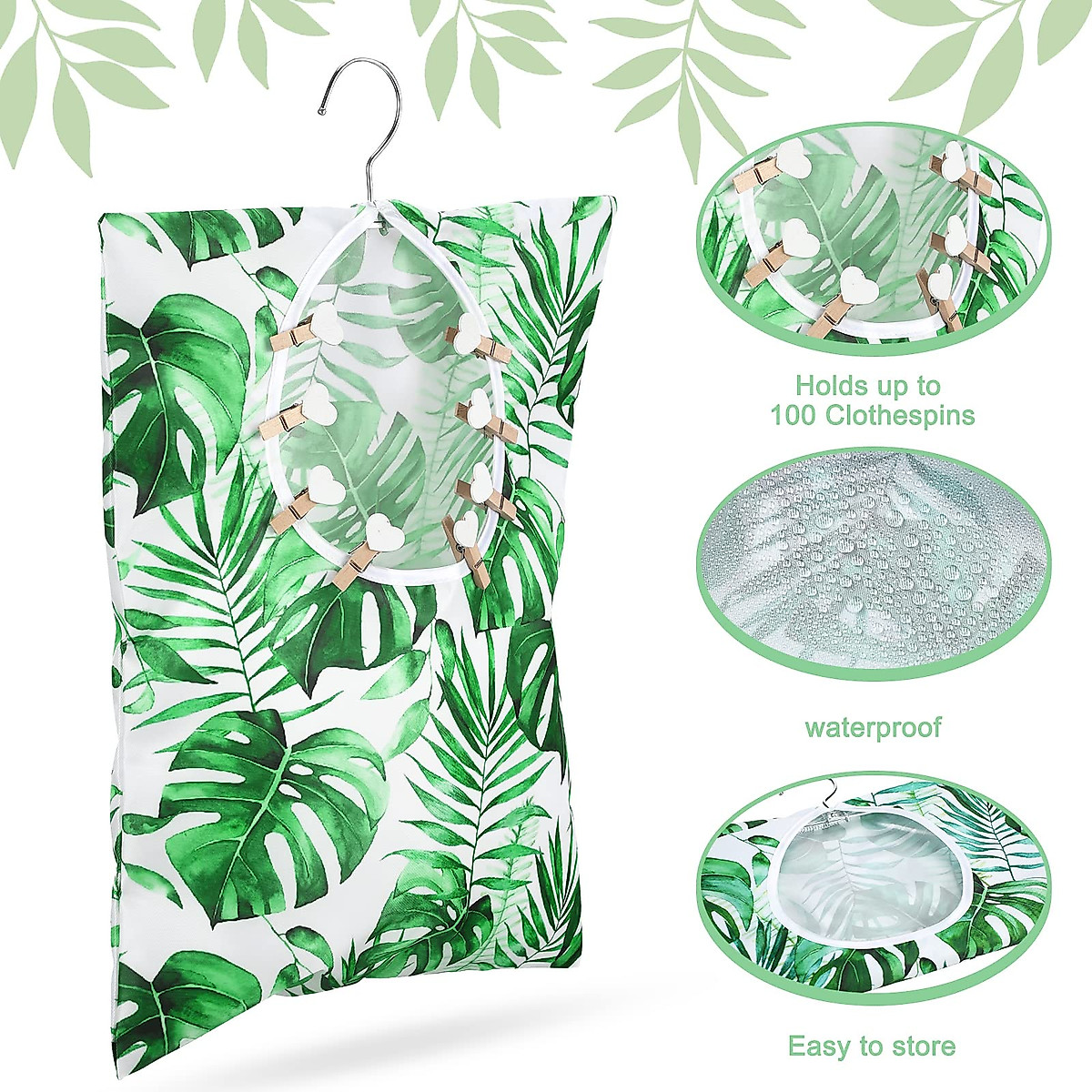 Woanger 2 Pcs Clothespin Bag with Hanging Hook 15 x 11 Inch Summer Laundry Clothes Pin Holder Waterproof Clothes Pin Hanging Bag Clothespin Storage Organizer with Large Opening (Elegant Style)