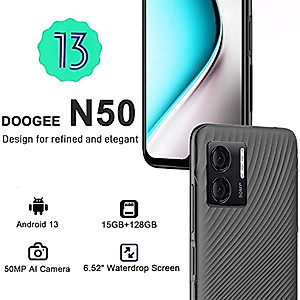 DOOGEE N50 2023 Unlocked Cell Phone, 15GB+128GB Android 13 Smartphone, 6.52" Display Android Phone, 50MP AI Camera Dual 4G Phones Unlocked, 90dB Loud Speaker, OTG, Fingerprint, T-Mobile - Grey