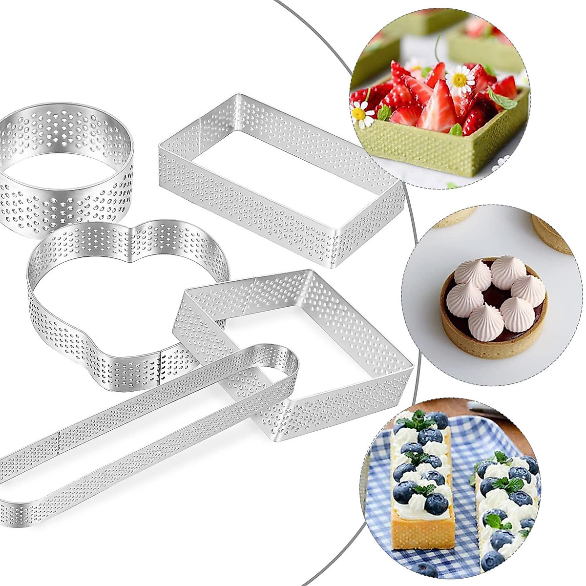 Baking Tart Rings Stainless Steel Perforated Tart Ring Muffin Rings, Mousse Baking Ring Cake Rings Dessert Rings Pastry Ring for French Tarte（5 Different Shape）