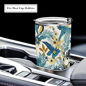 Tropical Style Leaves and Bird Pattern Yellow and Blue Stainless Steel cups with lids with Straw Lid coffee mug to go for outdoor safe insulated tumbler with lid 20 OZ