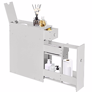 Tangkula Bathroom Wood Storage Cabinet Home Kitchen Floor Storage Organizer with Slide Out Drawer Free Standing Space Saving Storage Cabinet Toilet Paper Holder, White